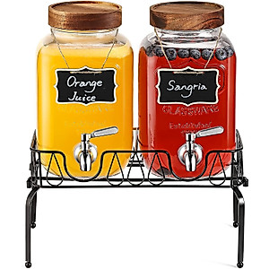 1-Gallon Glass Drink Dispenser with Stand, 18/8 Stainless Steel Spigot, Designed Wooden Lid - [2 Pack] Glass Beverage Dispensers for Parties - Mason Jar Drink Dispensers with Lids, Wooden Chalkboards