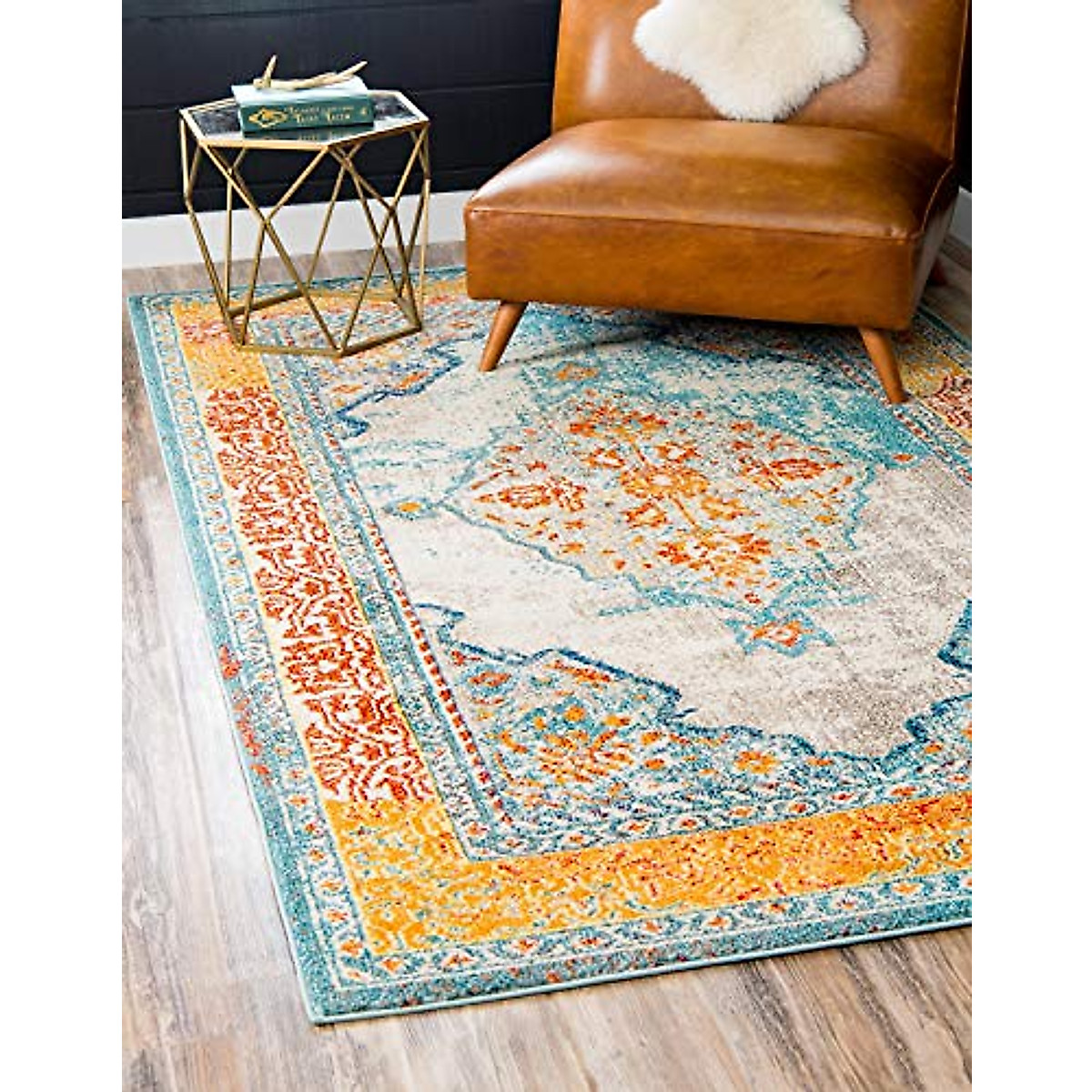 Unique Loom Vita Collection Bright Over-Dyed Traditional Vintage Area Rug, 8 ft x 10 ft, Blue/Orange