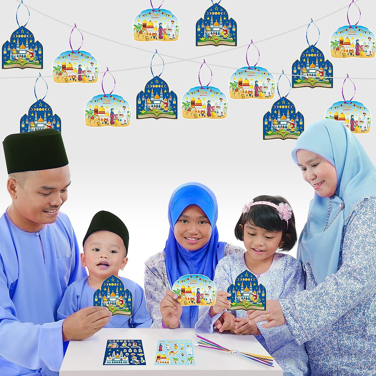 Eid Mubarak Craft Kits Kids Mosque Scene Stickers Muslim Eid Ramadan Sticker Bulk Gift Hanging Ornament Decoration for Eid Al Fitr Party Class Activities, 2 Styles (48 Pack)