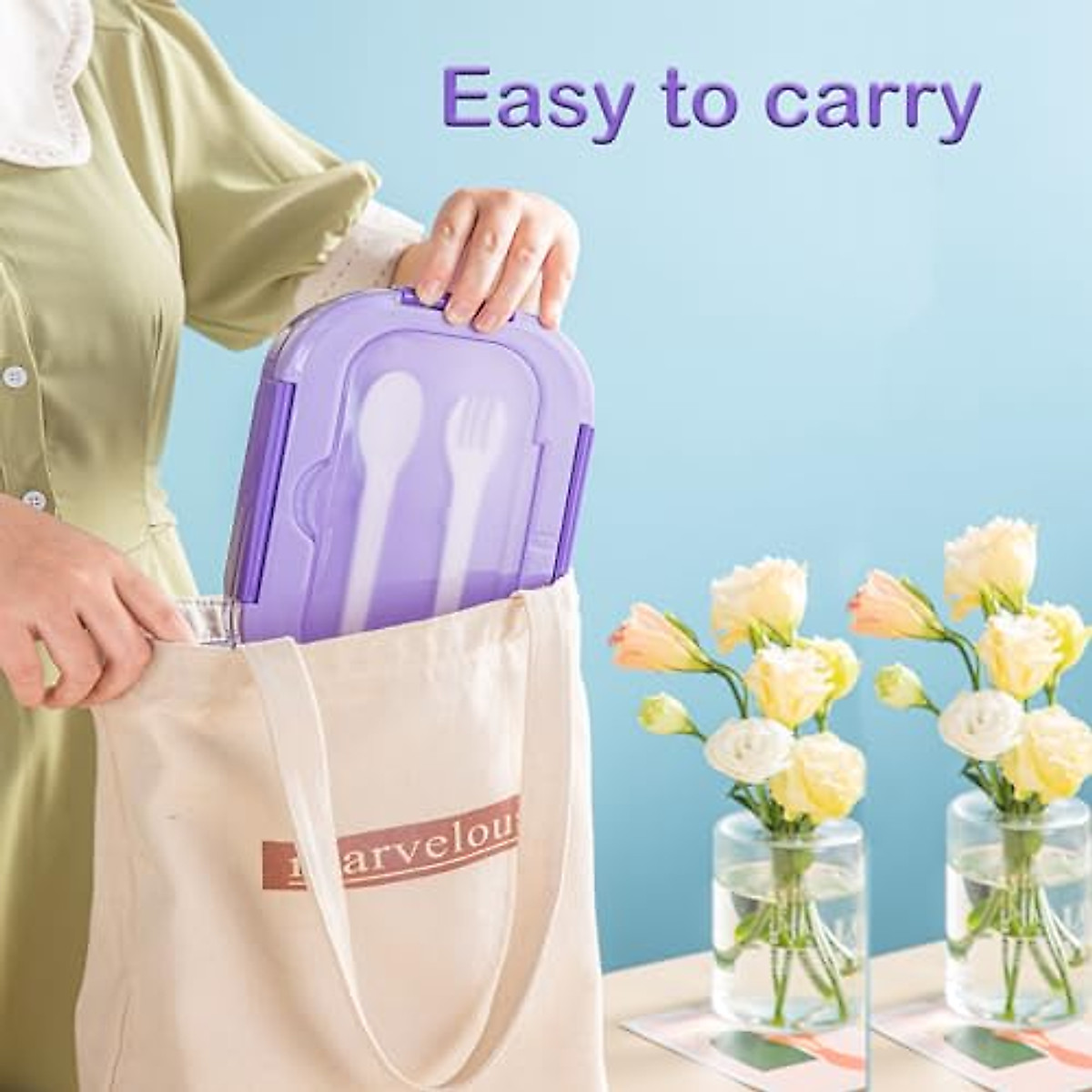 Cheardia 3 Pack Bento Lunch Box for Kid, 44 oz 4-Compartment Food Containers with Fork and Spoon BPA-Free Lunch Containers for Adults, Work, Microwave and Dishwasher Safe, Purple, Pink, Green