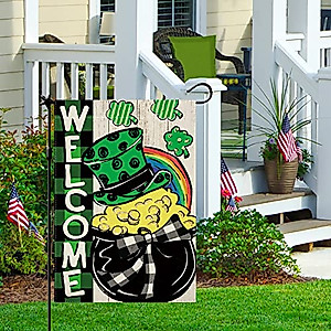 CMEGKE St.Patrick's Day Garden Flag, St Patrick's Day Welcome Gold Coin Pot Garden Flag, Spring Summer Garden Flag Rustic Vertical Double Sided Burlap ST Patricks Day Gold Coin Rainbow Holiday Party Farmhouse Yard Home Outside Decor 12.5 x 18 In