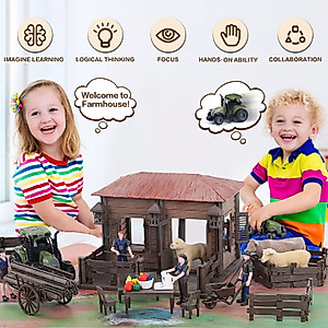 Lucky Doug Farm Animal House Toys Playset for Kids Toddlers Ages 3-8, 122 PCS Building Toys Farmhouse Figures Pretend Play Set with 3 Animals, 4 Figures, A Tractor, 11" L x11 W x 8" H
