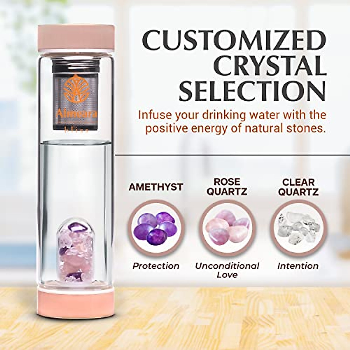 Almeara Crystal Water Bottle with Authentic Amethyst, Rose Quartz & Clear Quartz Removable Gemstones, Loose Leaf Tea Infuser - Relaxation, Healing & Spiritual Gifts for Women - Witchcraft Supplies