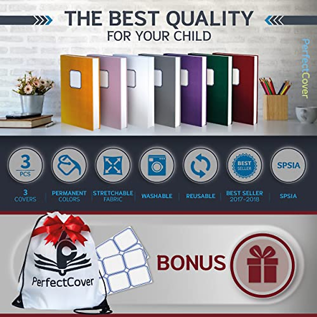 3 Pack Stretchable Book Covers - Dark Blue Color Durable, Washable, Reusable and Protective Jackets for Hard Cover Schoolbooks and Textbooks - by PerfectCover (3-Pack, Dark Blue)