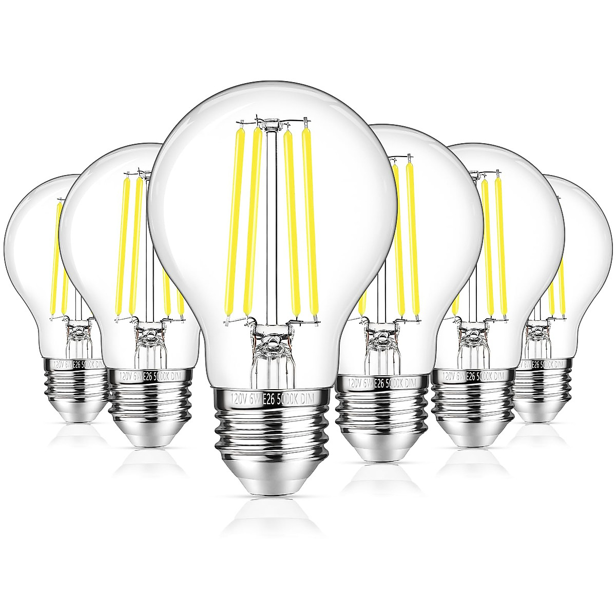 GGOYING 60W Equivalent E26 LED Bulb Dimmable, 850LM LED Edison Bulbs Daylight White 5000K, 6W A19 Filament Light Bulb, Classic Clear Glass, 6-Pack