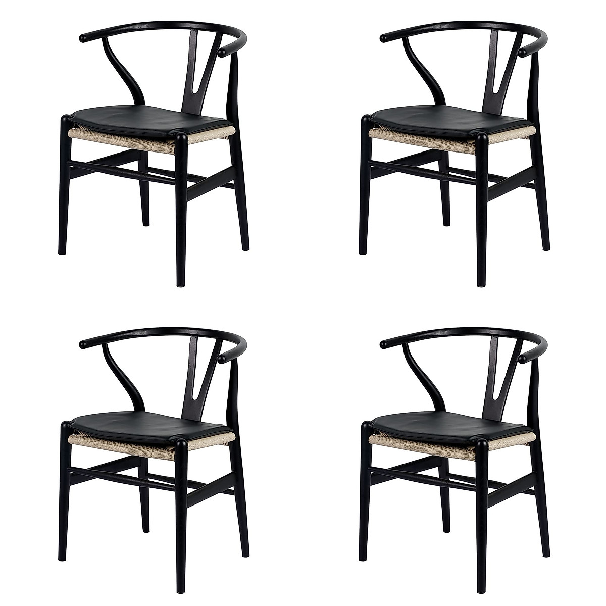 Forsho Set of 2 Solid Wood Wishbone Dining Chair with PU Soft Seat Cushion,Mid-Century Y Back Weave Dining Chair（Ash Wood - Black + Natural Cord + Cushion）
