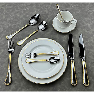 Luxury Silverware Set for 6, Retro Royal Palace Style Stainless Steel Flatware Cutlery with Gold-Plated Trim, 24-piece Eating Tableware for Wedding Home Kitchen Hotel Restaurant