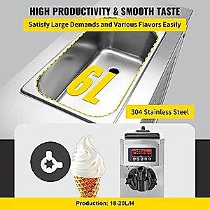 Commercial Ice Cream Maker Single Flavor Commercial Ice Cream Machine 4.7-5.3 Gal/H Soft-Serve Ice Cream Maker, 1800W Countertop Soft Serve Ice Cream Machine, with LCD Panel, Stainless Steel