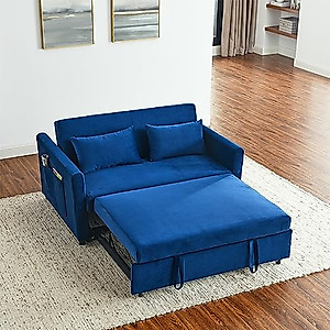 ERYE Modern Upholstered Futon Loveseat Convertible Sleeper Bed,2-Seaters Sofa & Couch Soft Cushions Love Seat Daybed for Small Space Living Room Sets Sofabed, Navy Velvet Bring Side Pockets, Pillows