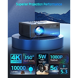 Movie Projector, HISION 5G WiFi Bluetooth Projector Native 1080P Projector 4K Support Oudoor Mini Projector for iPhone Home LED TV Projector Compatible with TV Stick Laptop Tablet PC HDMI USB TF DVD