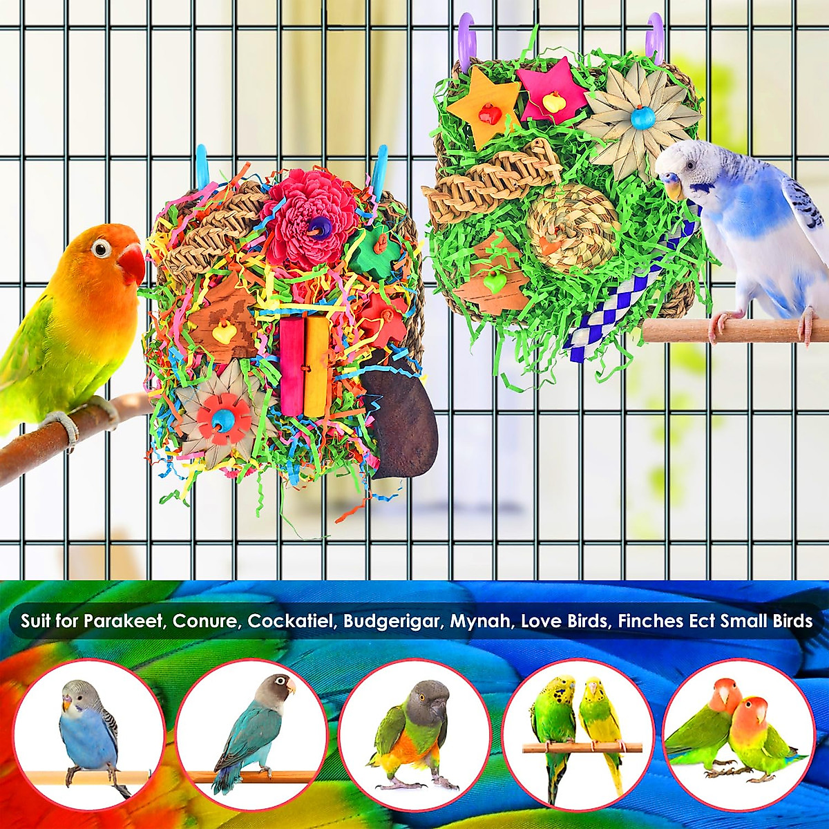 KATUMO Bird Toys, Parrot Grass Mat Foraging Wall Toys Parakeet Shredder Toys for Cockatiel, Conure, Lovebird, Budgie, Parakeet Small Medium Birds