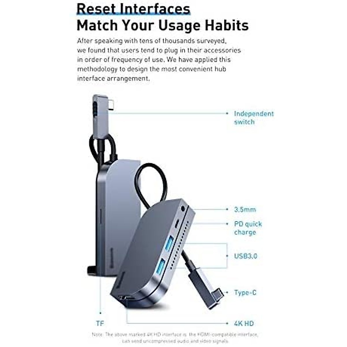 Feilx Ultra-Slim Data USB Hub, 6 in 1 USB C HubType C Hub to 4K HD USB 3.0 PD Port 3.5mm Jack USB-C USB Hub Adapter