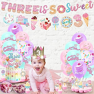 Three is So Sweet Ice Cream Birthday Party Decorations, Three is So Sweet Party Banner Cake Cupcake Toppers Macaron Balloons for Ice Cream/Donut Theme Third Birthday Girls Ice Cream 3rd Birthday Party