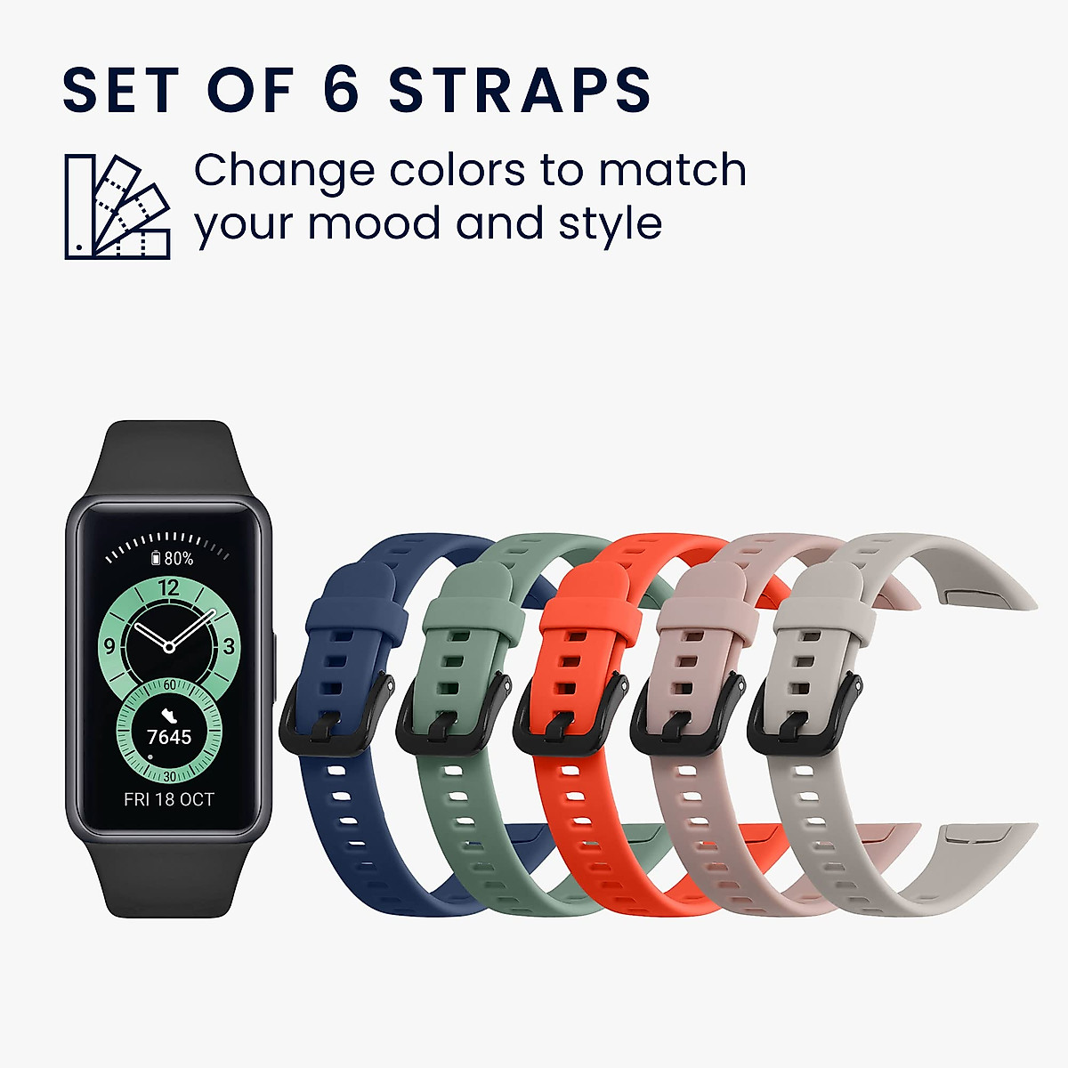 kwmobile Strap Set compatible with Huawei Band 6 & 6 Pro/Honor Band 7 & 6 Straps - 6x TPU Silicone Replacement Wristband - Multicolor