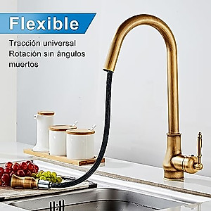 Vintage Brass Antique Bronze Kitchen Faucet,Single Hole Copper Widespread Mixer Taps with Pull Down Sprayer (Brass Nut)