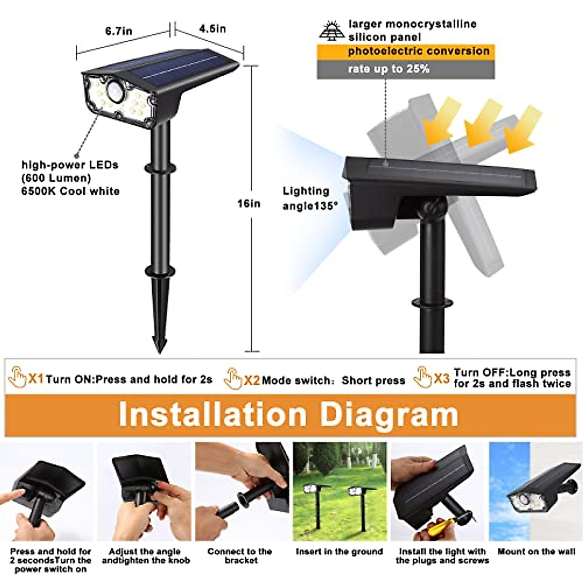 Solar Spot Lights Outdoor Motion Sensor 2 Pack, IP67 Waterpoof Solar Landscape Spotlights 2-in-1 Bright Solar Outdoor Lights, 3 Lighting Mode LED Solar Garden Lights for Pathway Yard Wall(Cool White)
