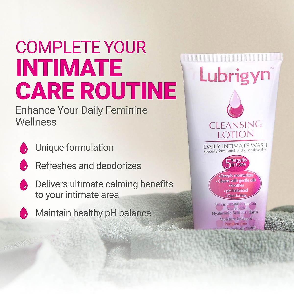 Lubrigyn - Cleansing Lotion, Moisturizing and Replenishing Daily Feminine Wash, Hyaluronic Acid-Enriched Feminine Care for Dry and Delicate Skin, pH Balancing Wash with Fitoextract Complex, 7 fl oz