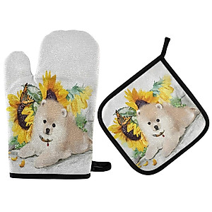 Pomeranian Watercolor Dog Oven Mitts and Pot Holders Sets Heat Resistant Non Slip Sunflowers Butterfly Oven Gloves Hot Pads Insulated Washable for Cooking Baking BBQ Decorative Kitchen Gift