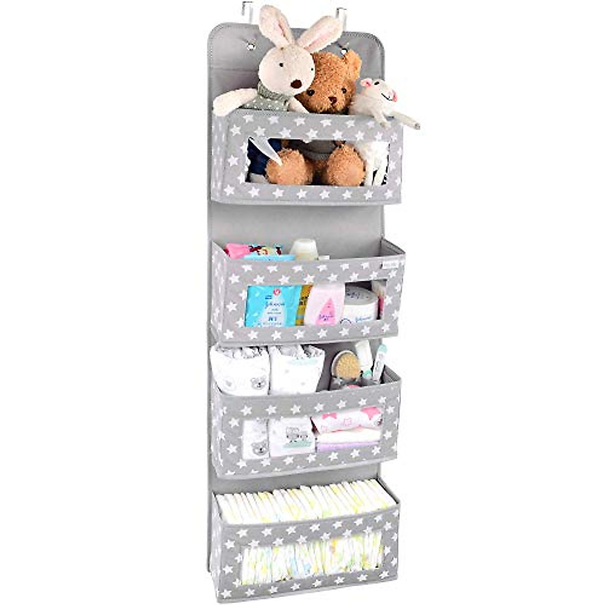 Vesta Baby Over the Door Hanging Organizer - Unisex Space-Saving 4-Pocket Storage Solution for Closet, Children's Room, Nursery - Clear-Window Caddy - 2 Utility Pockets for Small Items and Accessories
