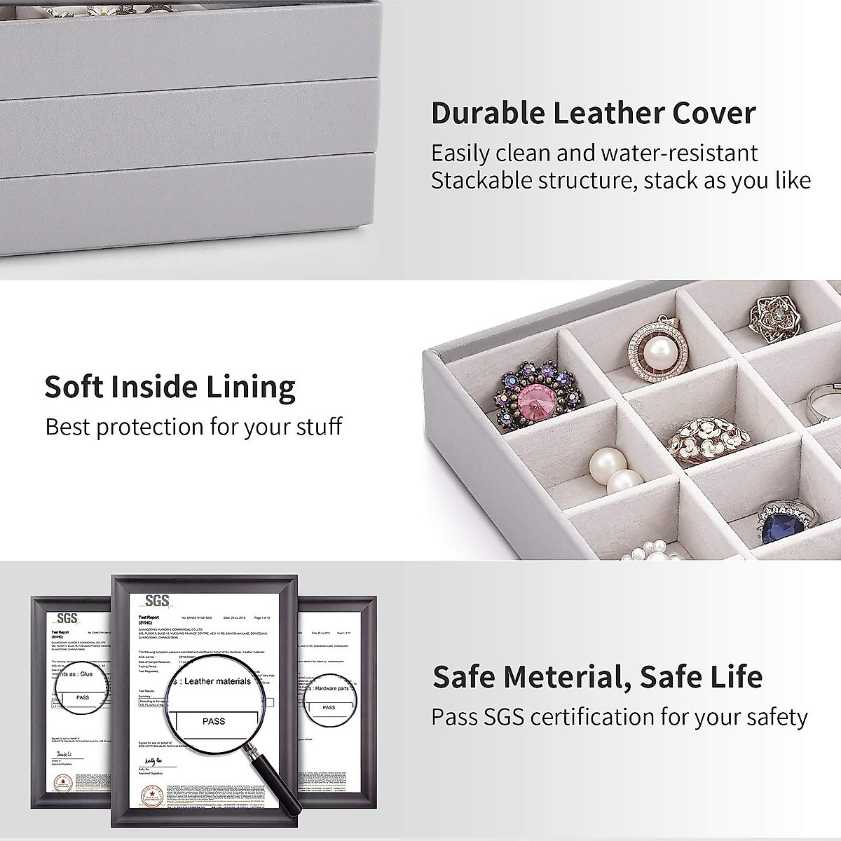 Vlando Miller Jewelry Tray Stackable Showcase Display Drawer Organizer Storage Checkerboard,Multiple color combinations, Large capacity multi-layer design and Fashion(grey)