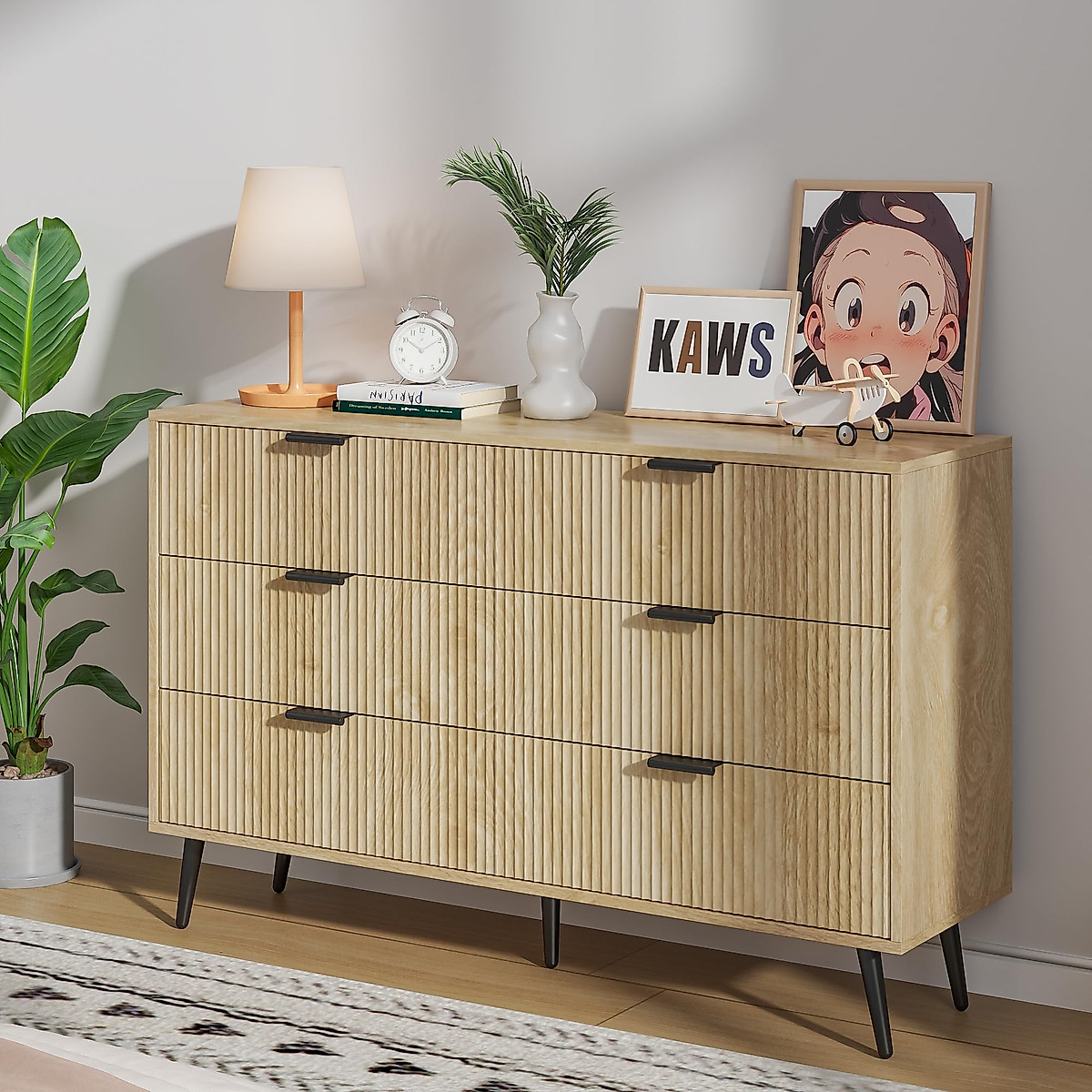 6 Drawer Double Dresser for Bedroom, Modern Dressers Chest of Drawers with Fluted Panel, Wide Wood Storage Dresser Organizer, Dresser TV Stand for Bedroom, Living Room (6Drawer-Wood-wu)