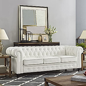 Naomi Home Chesterfield Sofa Set Living Room Chair Juegos Leather Couch Sofa Chair for Bedroom Modern Chesterfield Tufted Leather Chair Leather Sofas for Living Room (3 Piece Sofa Set, White)