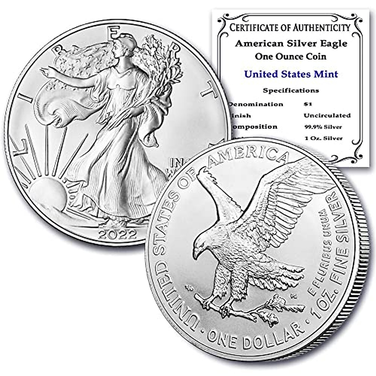 2022 1 oz American Silver Eagle Brilliant Uncirculated with a Certificate of Authenticity $1 BU
