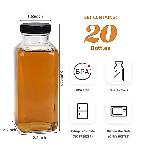 WERTIOO 12 oz Glass Juice Bottles, 20 Pack Glass Water Bottles with Caps Square Vintage Drink Bottles with Labels and Brush for Storage Juicing, Milk, Tea, Kombucha