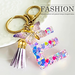 JINGUAZI Initial letter Keychains for Women Tassel Butterfly Pink Cute Car Keychain for Wallet Purses Backpack (Purple E)