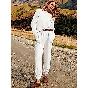 ANRABESS Women's Two Piece Outfits Long Sleeve Knit Top Fall Sweater Set Oversized Pants Tracksuit Lounge Sets White Medium