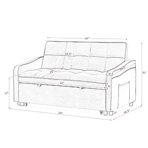 Upholstered Futon Loveseat Sofa Convertible to Sleeper Sofá Bed,Adjsutable Love Seat Chaise Lounge Couch Chair,Sofacama with Two Arm Pocket,Type C,USB Charging and Copper Nail for RV/Living Room