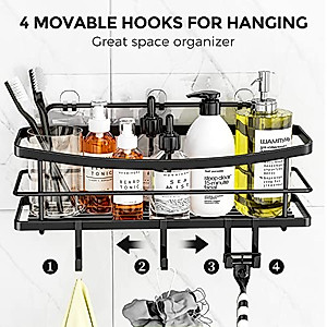 ODesign Shower Caddy Storage with Removable 4 Hooks Adhesive Shower Shelf Basket No Drilling Rustproof Kitchen Spice Racks Bathroom Organizer - 2 Pack (Black)