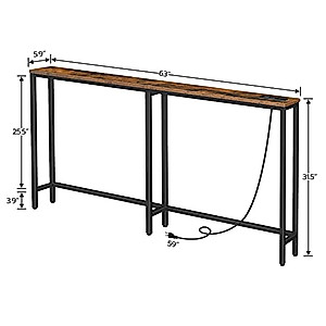HOOBRO 5.9" Behind Couch Table Skinny with Charging Station, 63" Narrow Console Table with Power Outlets, Long and Thin Sofa Table, Slim Entryway Table, Rustic Brown BF165UXG01