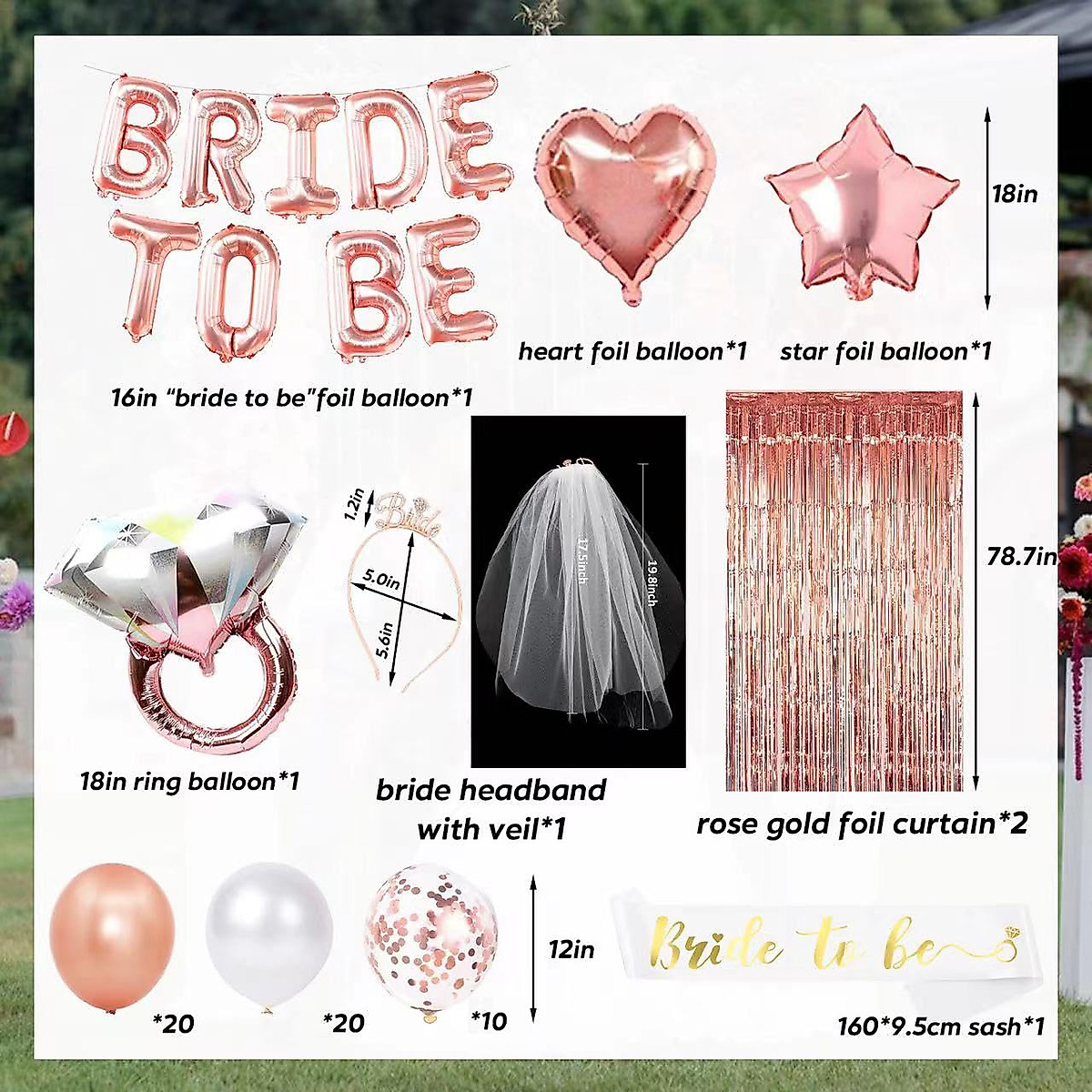 Exquisite Bachelorette Party Rose Gold Kit - Bride to Be Sash, Elegant Bride Headband with Veil, Bride Balloons and Foil Curtain| Bridal Shower Decorations