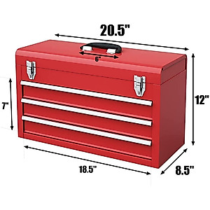 Goplus Tool Box, Portable 20” Tool Boxes with 3 Drawers, Top Tool Tray, Metal Lock Latch, Protective Liner, Auto Locking, Heavy Duty Steel Toolbox for Garage, Workshop, Mechanic