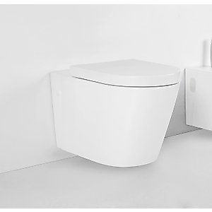 HOROW Wall Hung Toilet HR-TG02W, Compact Wall Mounted Toilet with Soft Closing Seat, 1.6 GPF/1.1 GPF Dual Flush Ceramic Round Wall Toilet for Bathroom, White Toilet Bowl