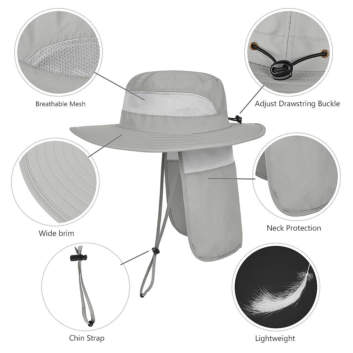 LCZTN Mens UPF 50+ Sun Protection Safari Cap Wide Brim Fishing Hiking Hat with Neck Flap for Garden Work (2 Pack-Light Grey＆Light Grey)