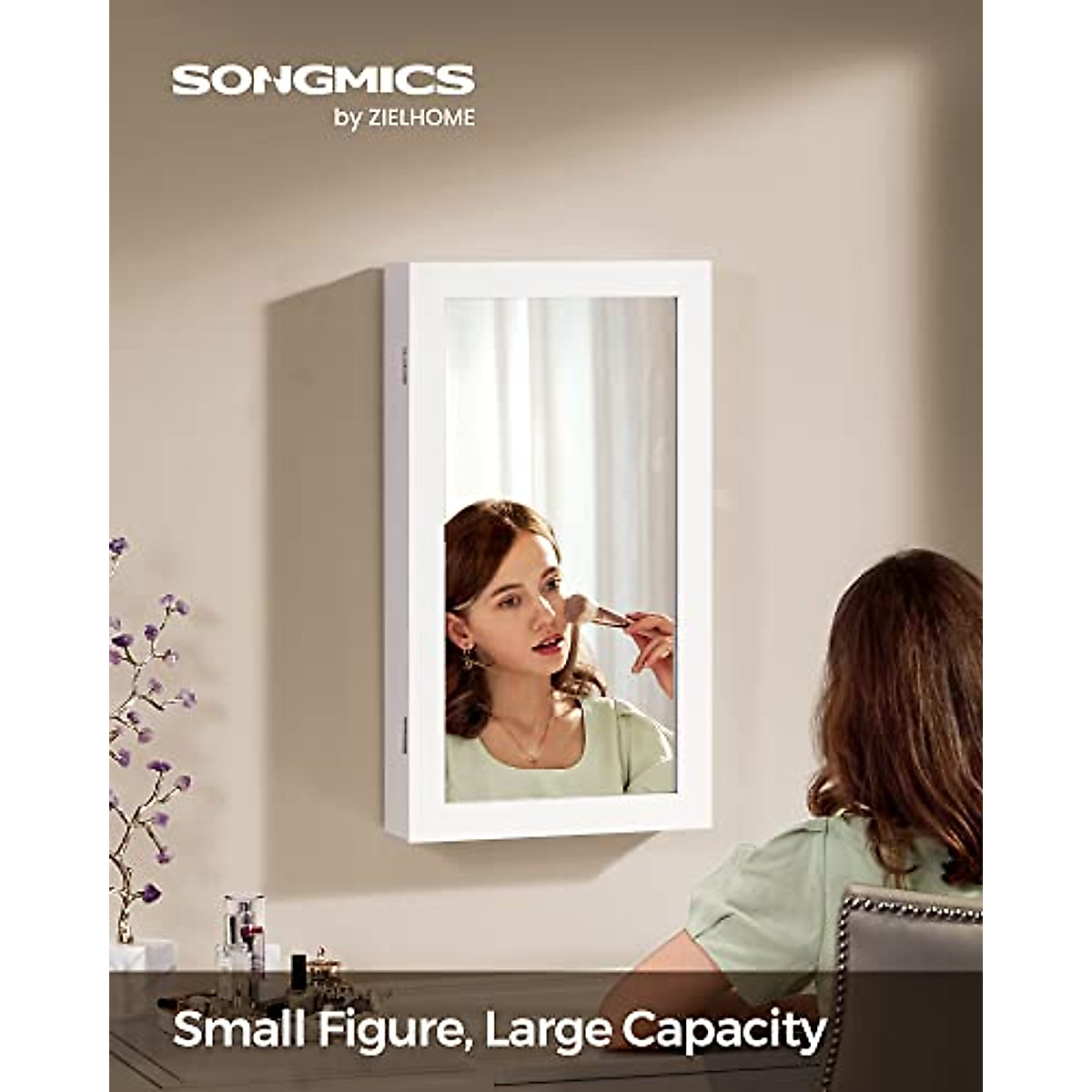 SONGMICS Lockable Jewelry Cabinet Armoire with Mirror, Wall-Mounted Space Saving Jewelry Storage Organizer, White UJJC51WT