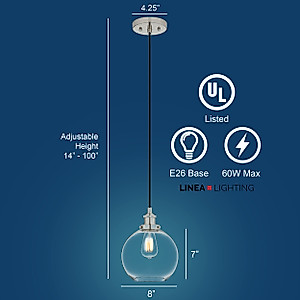 Linea di Liara Primo Large Brushed Nickel Glass Globe Pendant Light Fixture Farmhouse Pendant Lighting for Kitchen Island Mid Century Modern Ceiling Light Clear Glass Shade, UL Listed