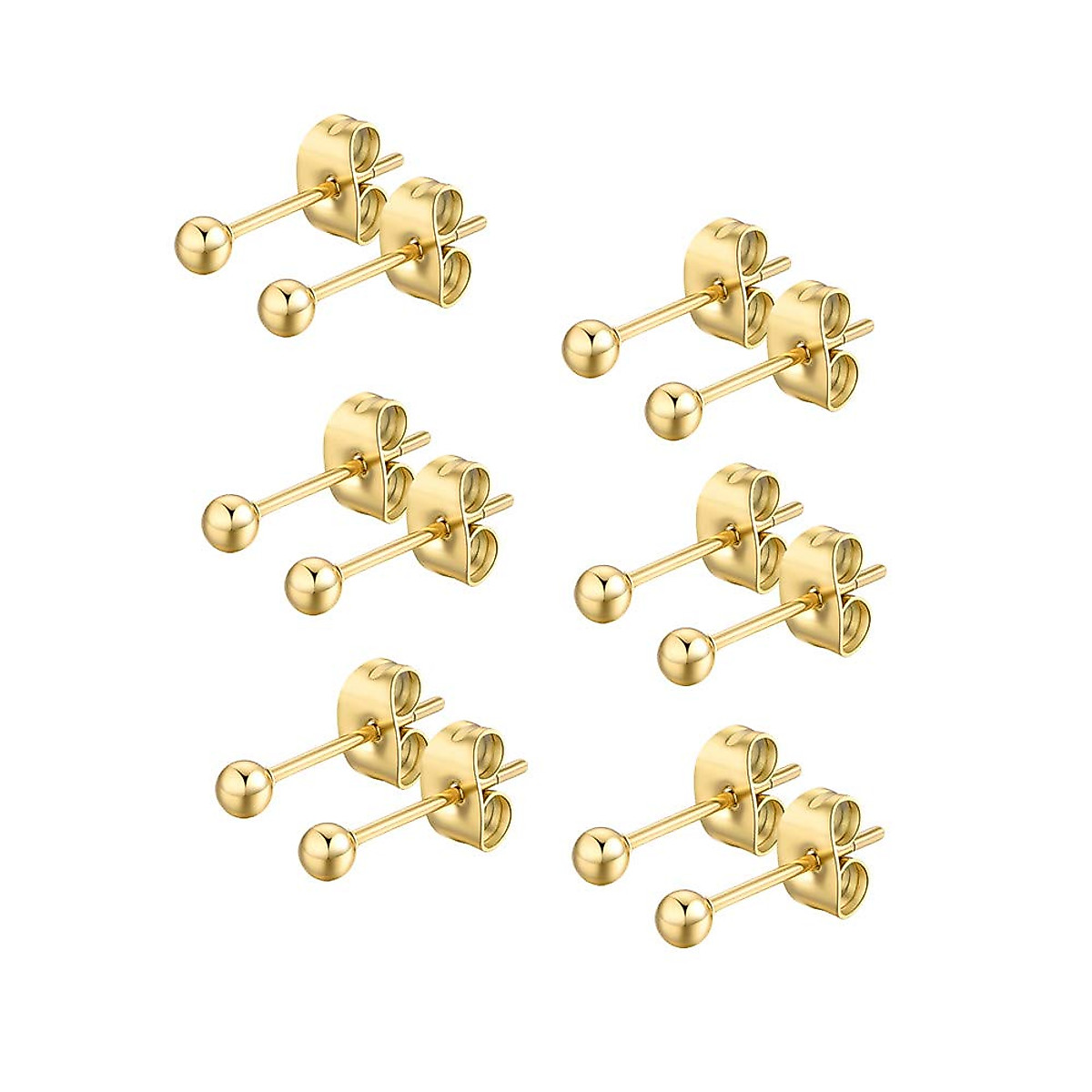 FOSIR 6 Pair Tiny Women 14K Gold Plated Ball Stud Earrings Surgical Stainless Steel Earrings Set (3mm, Gold)