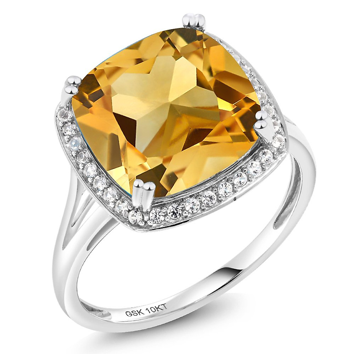 Gem Stone King 10K White Gold Yellow Citrine and White Created Sapphire Women's Ring (6.09 Ct Cushion 12MM, Gemstone Birthstone, Available In Size 5, 6, 7, 8, 9)