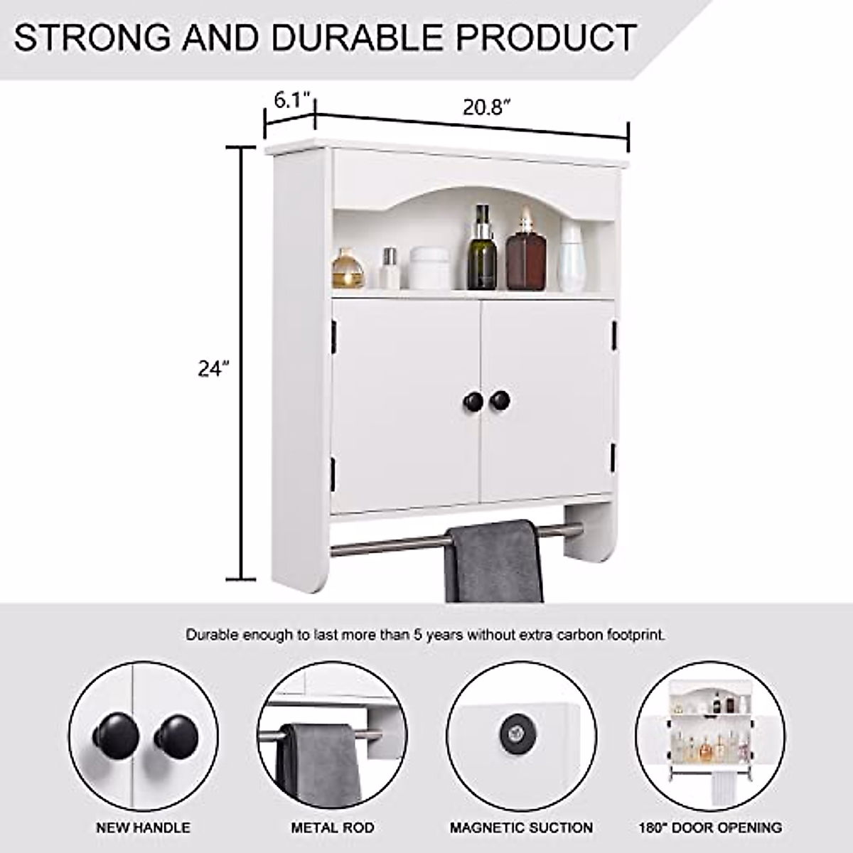 LUCYPAL Bathroom Cabinet Wall Mounted with Doors, Wooden Hanging Cabinet, Bathroom Cabinet with Towel Bar Over The Toilet, Bathroom Wall Cabinet White