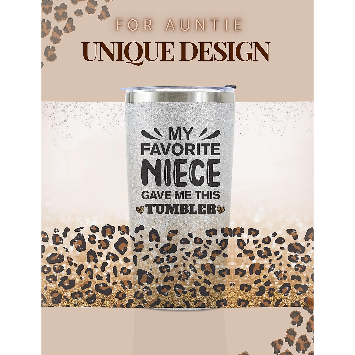 Onebttl Aunt Gifts from Niece, Insulated Stainless Steel Wine Tumbler with Lid and Straw, for Auntie on Mother’s Day, Birthday, Christmas, 20 oz, Gliter Silver, My Favorite Niece gave me this tumbler