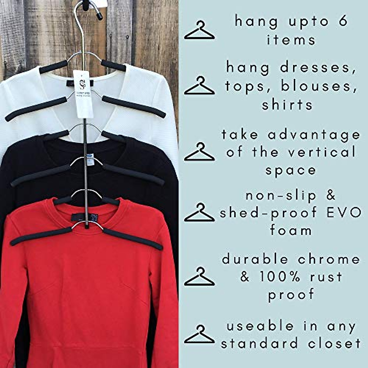 Closet Spice - 2 Pack - Strong Anti-Rust Chrome 6 Tier Blouse Tree, Non-Slip, Black Foam Padded, Space Saving, Flexible Swing Design for Easy-Slide, Multi-Tiered Clothes Hanger