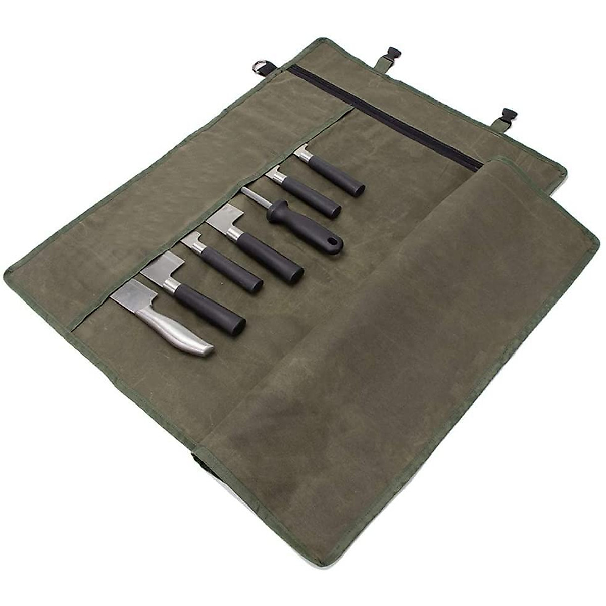 QEES Chef’s Knife Roll Bag,Waxed Canvas Chef Knife Bag,Portable 10 Slots Chef Knife Case Plus 1 Zipper Pockets Hold Home Kitchen Knife Tools Up To 18.8”,Heavy Duty Knife Bags For Chefs