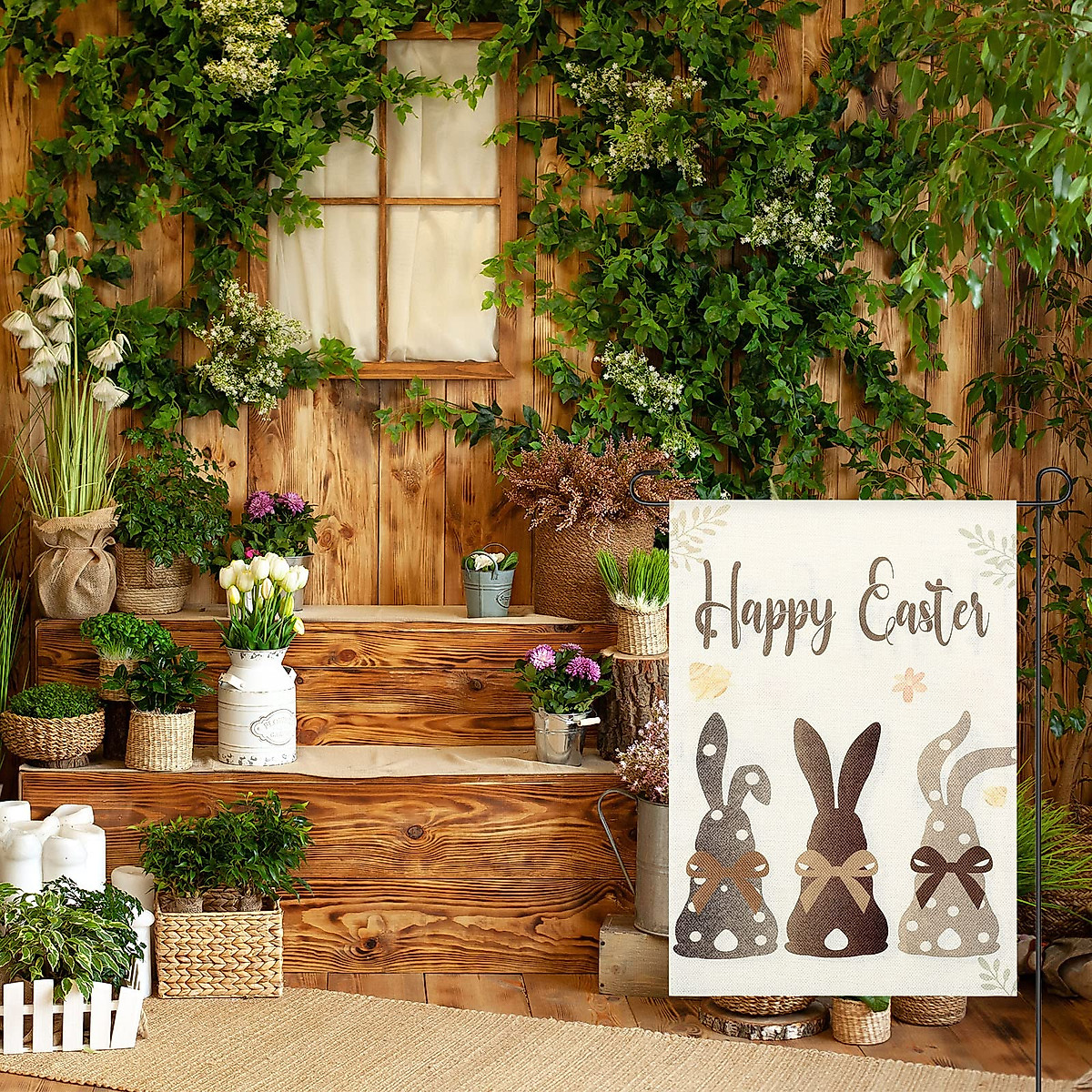 Happy Easter Bunnies Garden Flag 12 x 18 Inch Rabbit Garden Flag Double Sided Spring Garden Flag Burlap Small Polka Dots Brown Welcome Holiday Yard Flag for Easter Spring Holiday Outdoor Decor