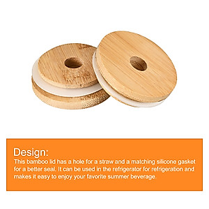 uxcell Mason Jar Lids with Straw Hole, 6pcs - Bamboo Lids with Silicone Ring for Glass Cups 70mm Regular Mouth Leak Proof Fits Storage Jars(Wood Color)