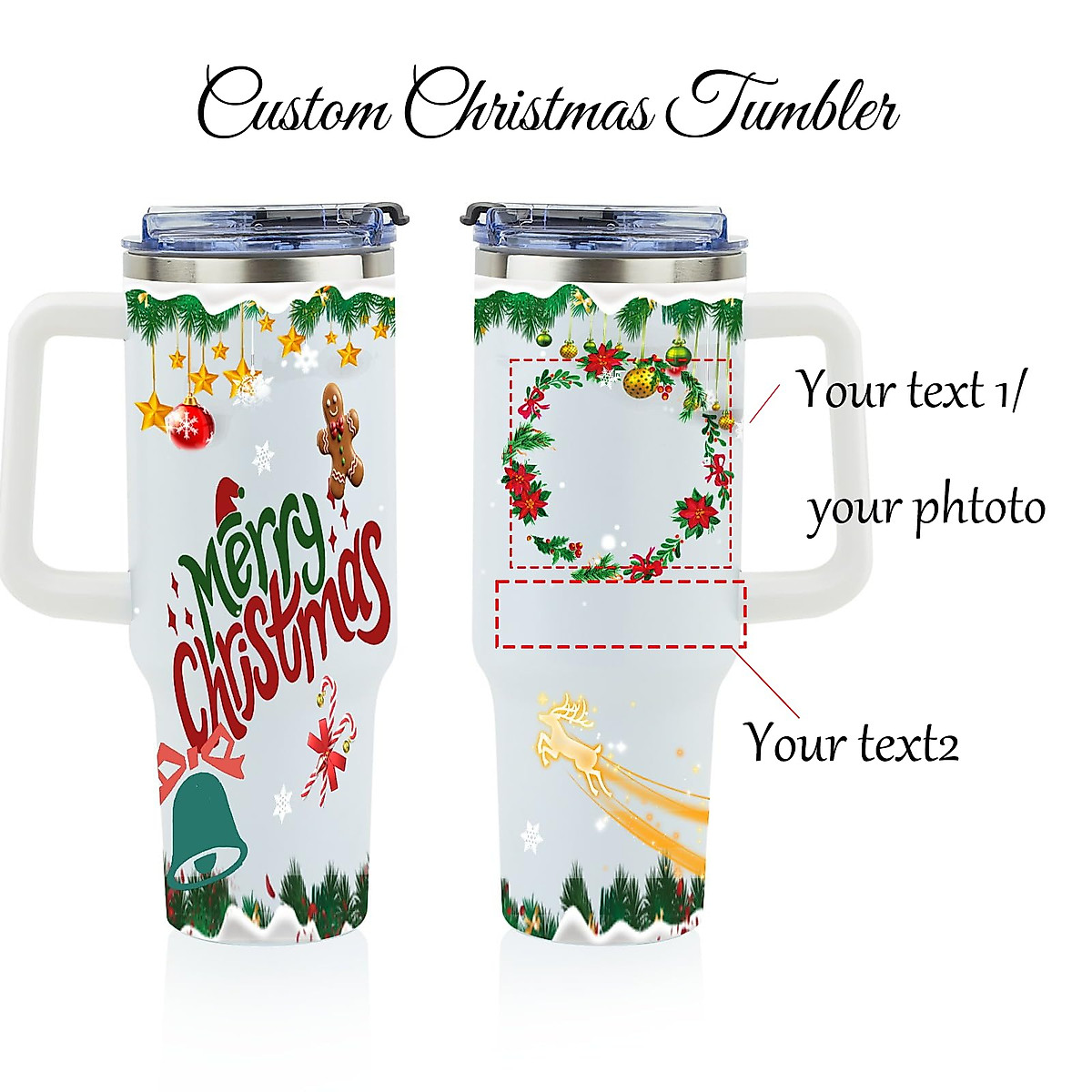Custom Christmas Garland Tumbler - Personalized Name,Photo 40 Oz Tumbler with Handle Straw Lid,Insulated Xmas Tumbler Coffee Mug Stainless Steel Travel Mug Holiday Gifts for Kid Boy Girl Family