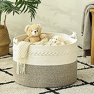 KAKAMAY Large Blanket Basket (20"x13"),Woven Baskets for storage Baby Laundry Hamper, Cotton Rope Blanket Basket for Living Room, Laundry, Nursery, Pillows, Baby Toy chest (White/Beige)
