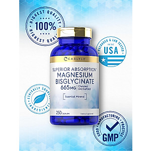 Carlyle Buffered Magnesium Bisglycinate 665 mg | 250 Capsules | Chelated Essential Mineral | Non-GMO and Gluten Free Supplement